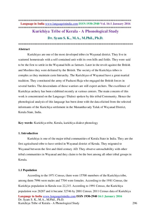 (PDF) Kurichiya Tribe of Kerala -A Phonological Study