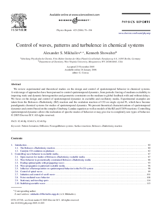 (PDF) Control of waves, patterns and turbulence in chemical systems