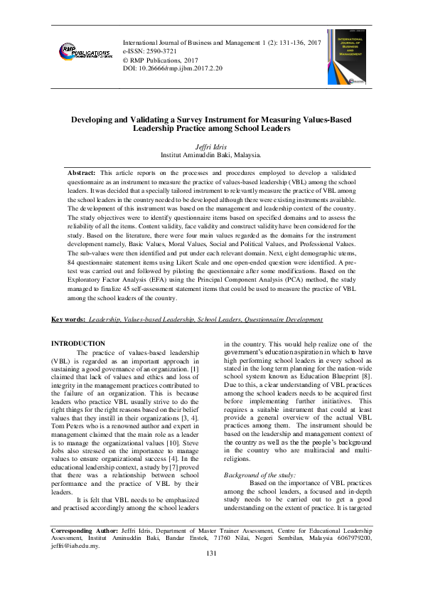 (PDF) Developing and Validating a Survey Instrument for Measuring Values-Based Leadership ...