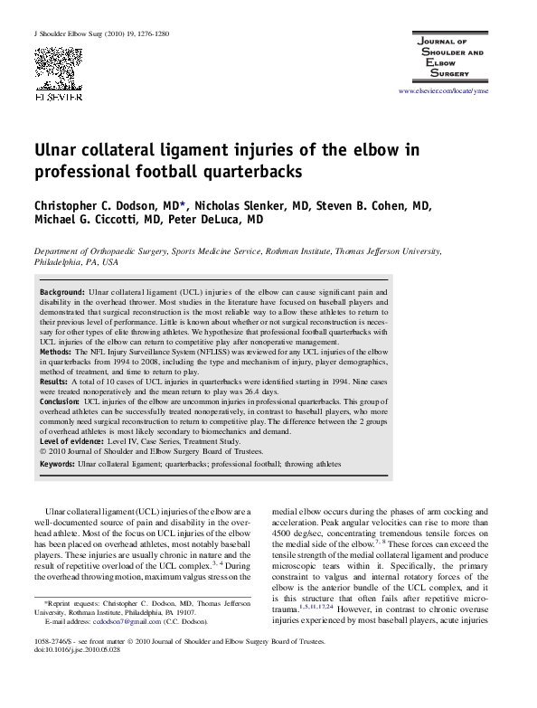 (PDF) Ulnar collateral ligament injuries of the elbow in professional ...