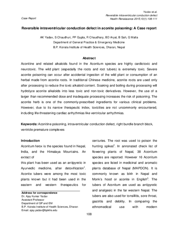 (PDF) Reversible intraventricular conduction defect in aconitine poisoning