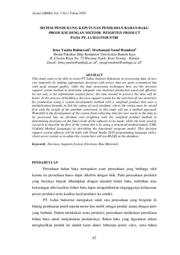 (PDF) Sistem Pendukung Keputusan Pemilihan Bahan Baku Produksi Dengan Metode Weighted Product ...