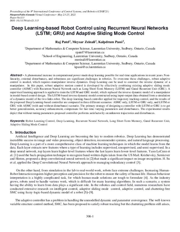Pdf Deep Learning Based Robot Control Using Recurrent Neural Networks Lstm Gru And Adaptive