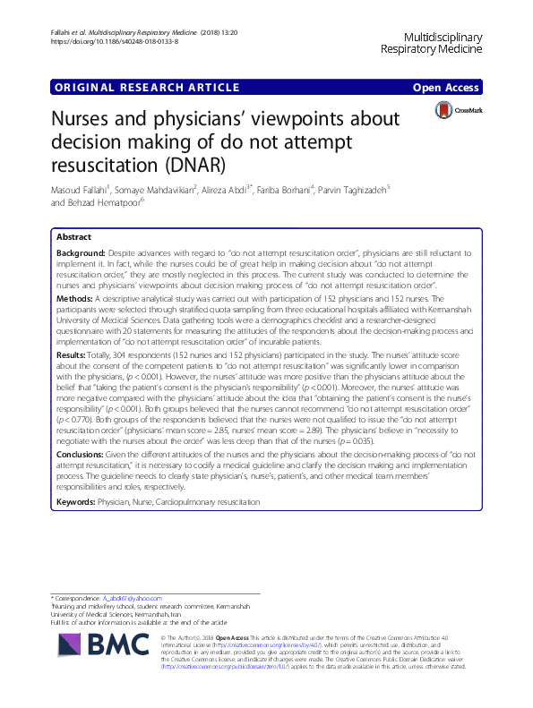 (PDF) Nurses and physicians' viewpoints about decision making of do not ...