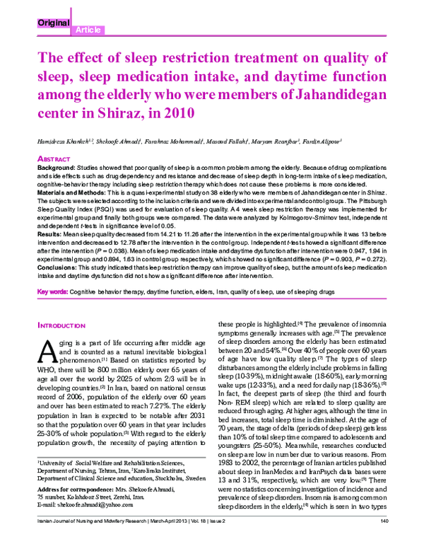 (PDF) The effect of sleep restriction treatment on quality of sleep in ...