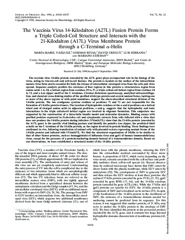 (PDF) The vaccinia virus 14-kilodalton (A27L) fusion protein forms a ...