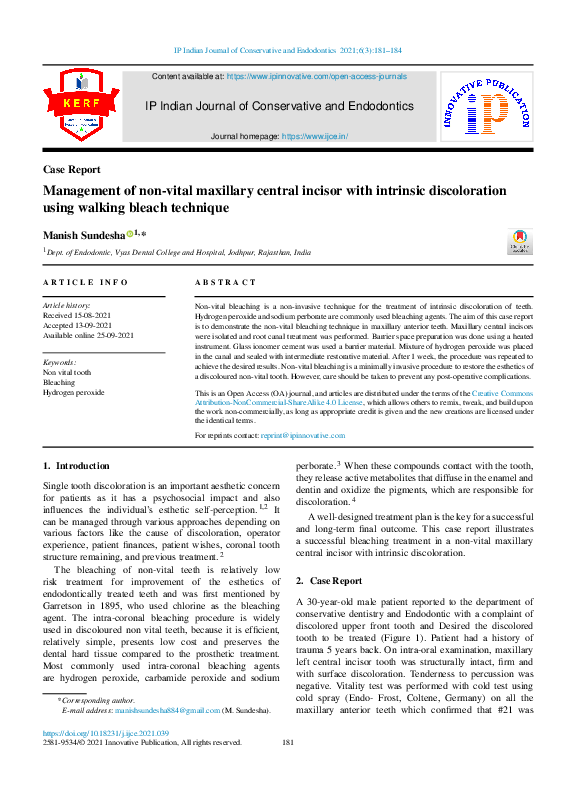 (PDF) Management of non-vital maxillary central incisor with intrinsic ...