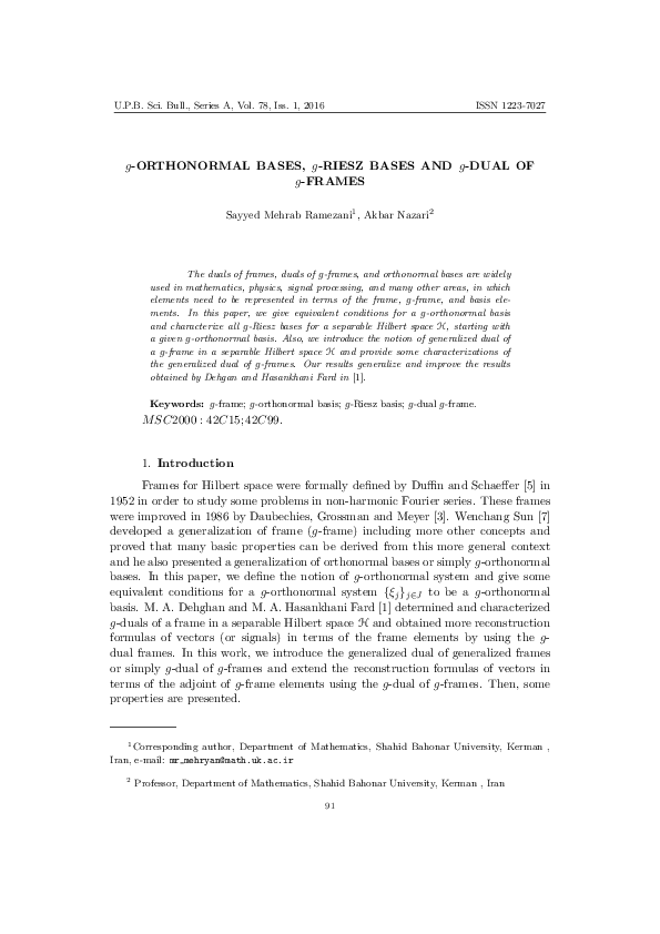 (PDF) g-ORTHONORMAL BASES , g-RIESZ BASES AND g-DUAL OF g-FRAMES