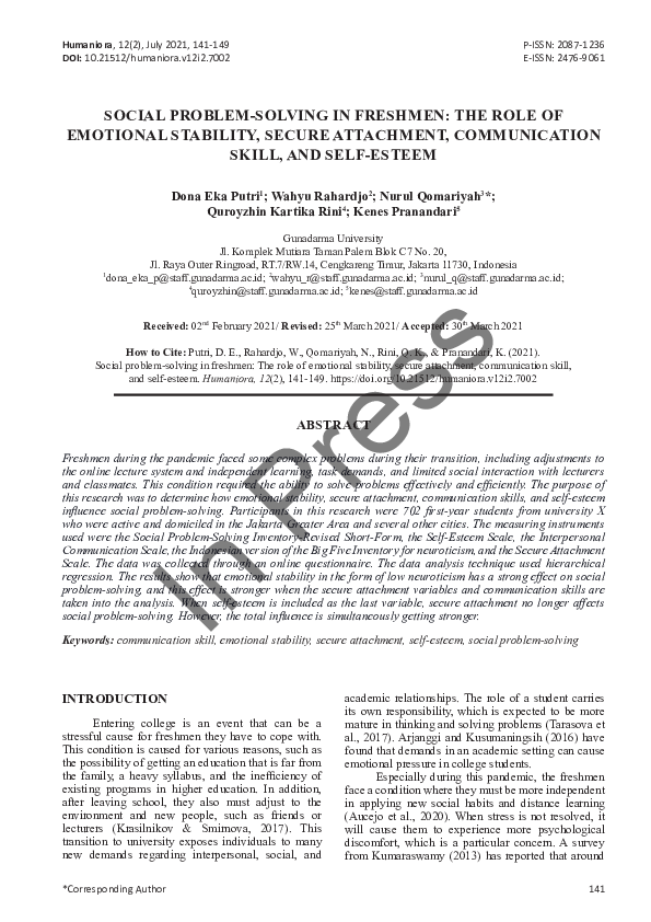 (PDF) Social Problem-Solving in Freshmen: The Role of Emotional ...