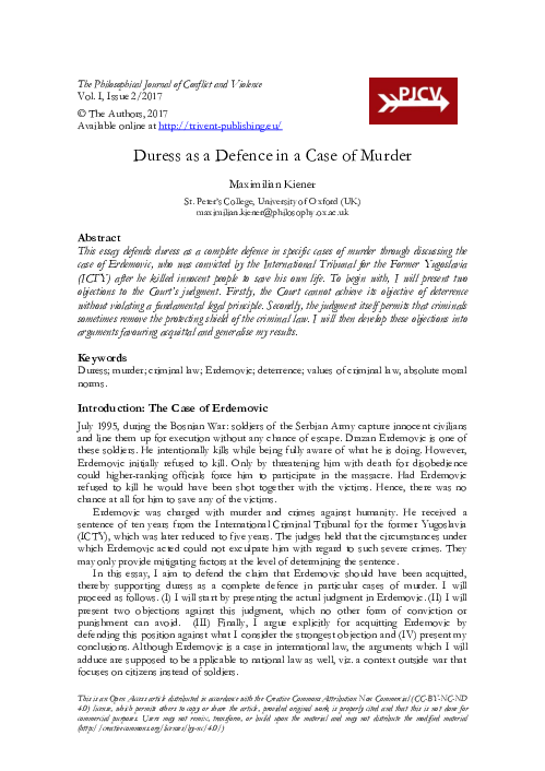 (PDF) Duress as a Defence in a Case of Murder