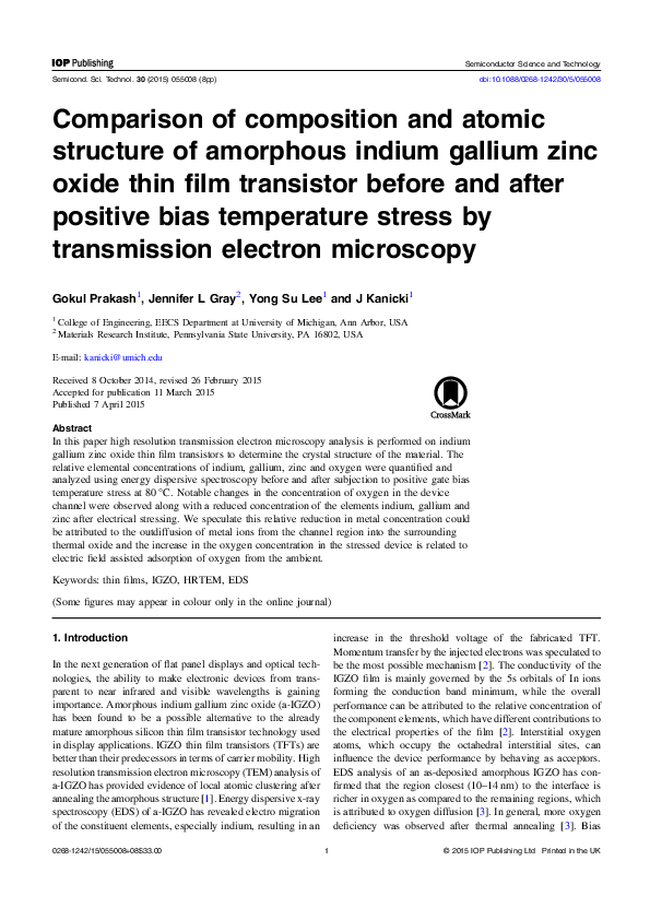 (PDF) Comparison of composition and atomic structure of amorphous indium gallium zinc oxide thin ...