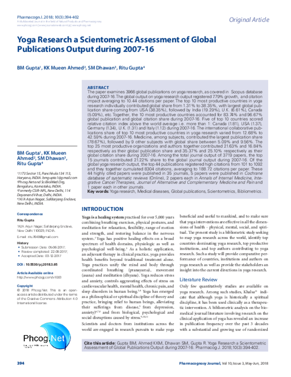 (PDF) Yoga Research a Scientometric Assessment of Global Publications ...
