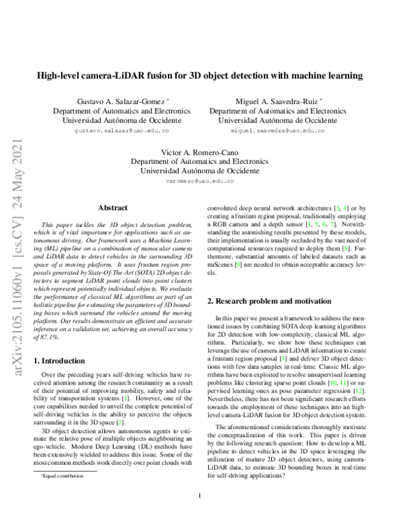 Pdf High Level Camera Lidar Fusion For 3d Object Detection With Machine Learning