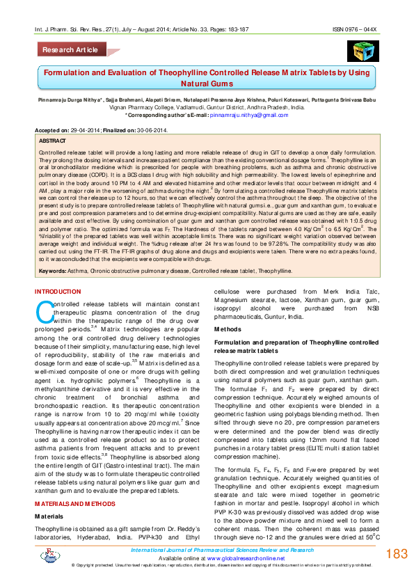 Pdf Formulation And Evaluation Of Theophylline Controlled Release Matrix Tablets By Using