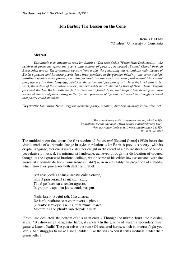 (PDF) Ion Barbu: The Lesson on the Cone