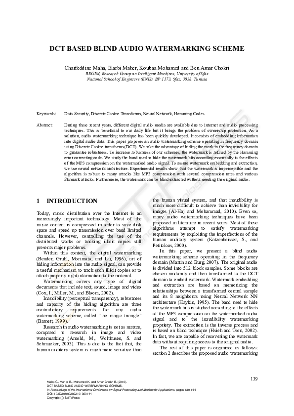 (PDF) DCT based blind audio watermarking scheme