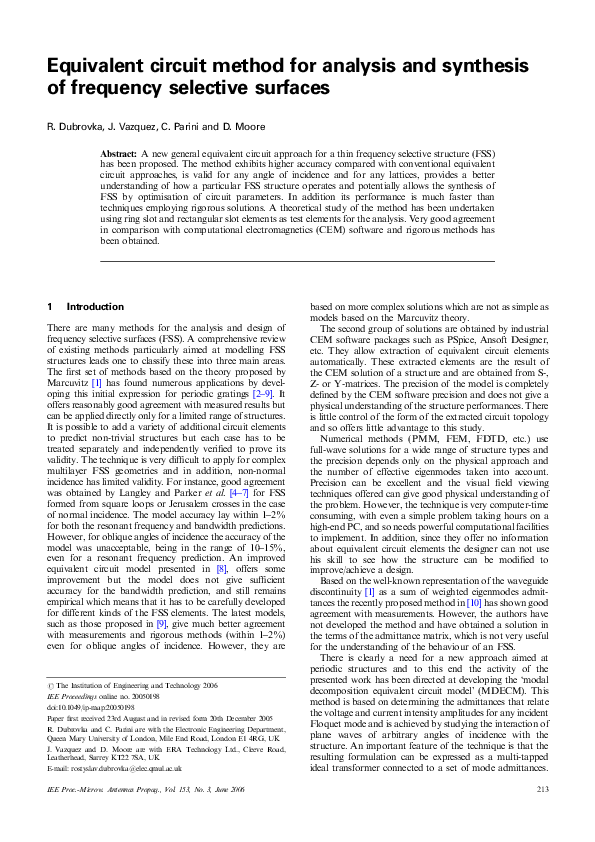 (PDF) Equivalent circuit method for analysis and synthesis of frequency selective surfaces