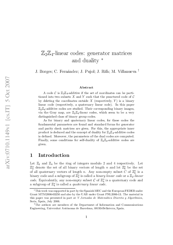 (PDF) Linear Codes: Generator Matrices and Duality