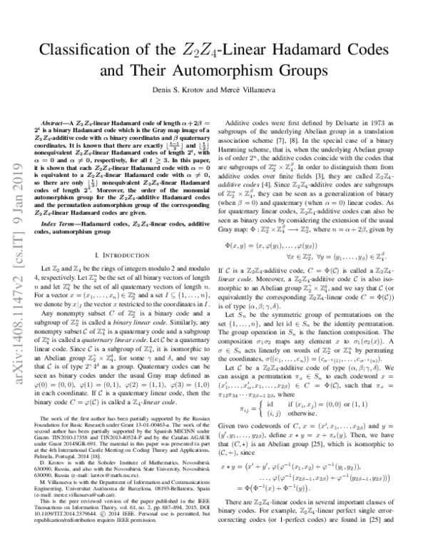 (PDF) Classification of the $Z_{2}Z_{4}$ -Linear Hadamard Codes and Their Automorphism Groups