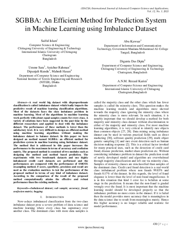 Pdf Sgbba An Efficient Method For Prediction System In Machine Learning Using Imbalance Dataset