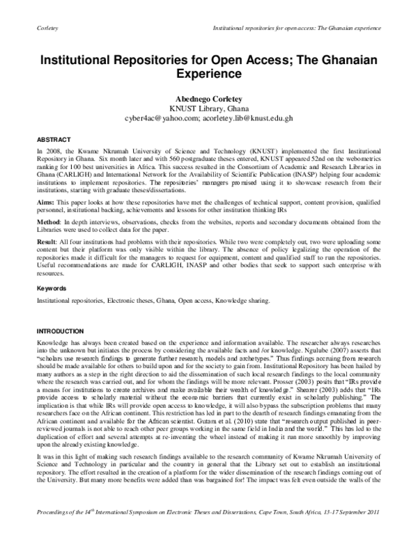 (PDF) Institutional Repositories for Open Access; The Ghanaian Experience
