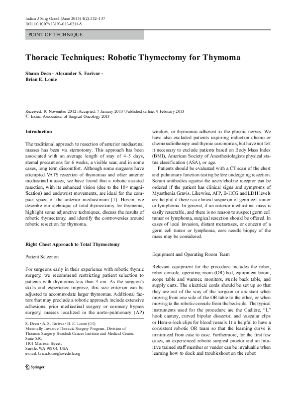 (PDF) Thoracic Techniques: Robotic Thymectomy for Thymoma