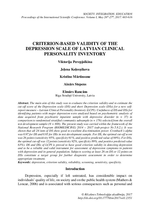 (PDF) Criterion-Based Validity of the Depression Scale of Latvian ...