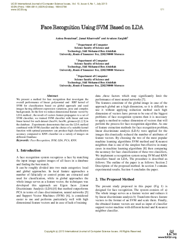 (PDF) Face Recognition Using SVM Based on LDA