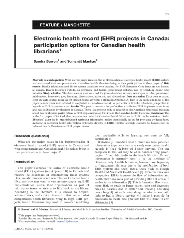 (PDF) Electronic health record (EHR) projects in Canada: participation ...