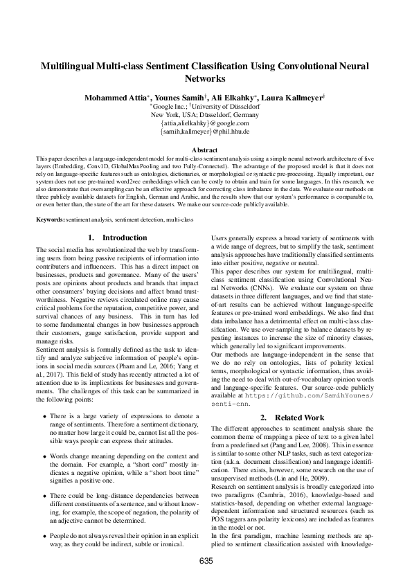 Pdf Multilingual Multi Class Sentiment Classification Using Convolutional Neural Networks