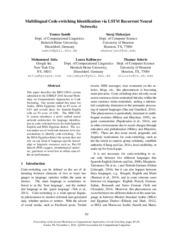 Pdf Multilingual Code Switching Identification Via Lstm Recurrent Neural Networks