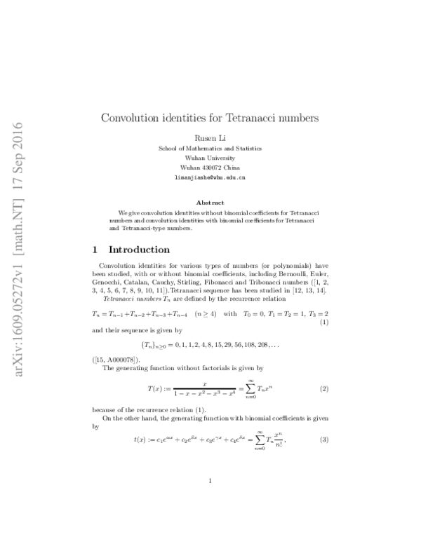 (PDF) Convolution identities for Tetranacci numbers
