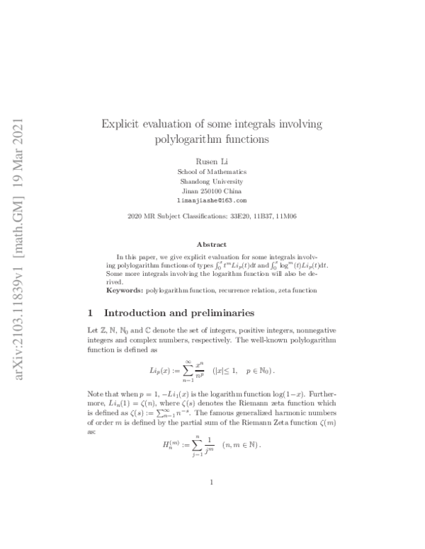 (PDF) Explicit evaluation of some integrals involving polylogarithm functions