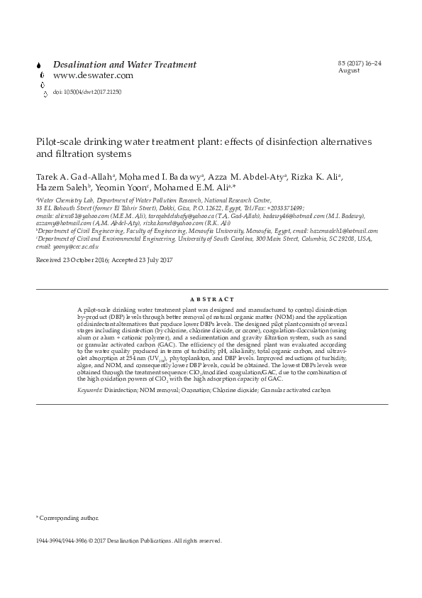 (PDF) Pilot-scale drinking water treatment plant: effects of disinfection alternatives and ...