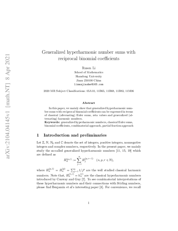 (PDF) Generalized Hyperharmonic Number Sums With Reciprocal Binomial ...