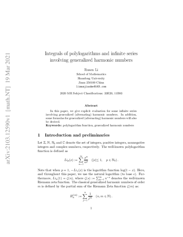 (PDF) Integrals of polylogarithms and infinite series involving generalized harmonic numbers
