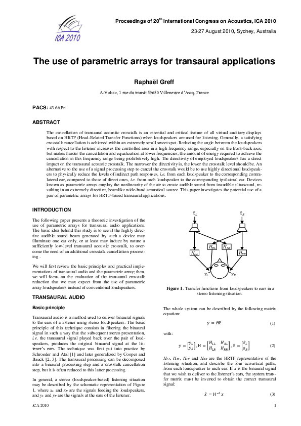 (PDF) The use of parametric arrays for transaural applications