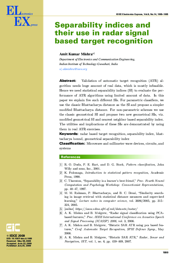 (PDF) Separability Indices and Their Use In Radar Signal Based Target Recognition