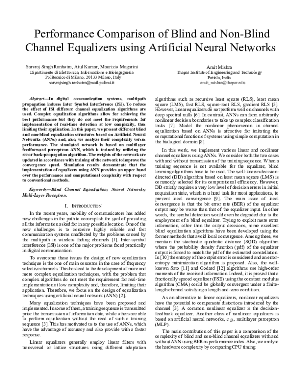 (PDF) Performance comparison of blind and non-blind channel equalizers using artificial neural ...