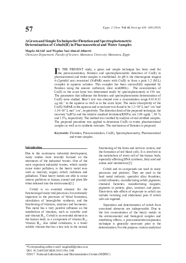 Pdf A Green And Simple Technique For Flotation And Spectrophotometric Determination Of Cobalt
