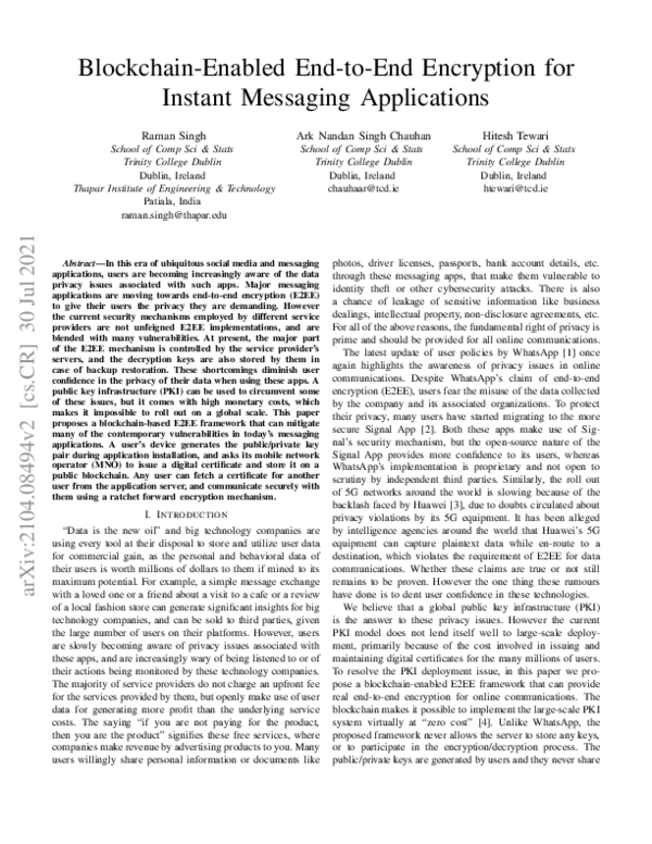 (PDF) Blockchain-Enabled End-to-End Encryption for Instant Messaging Applications
