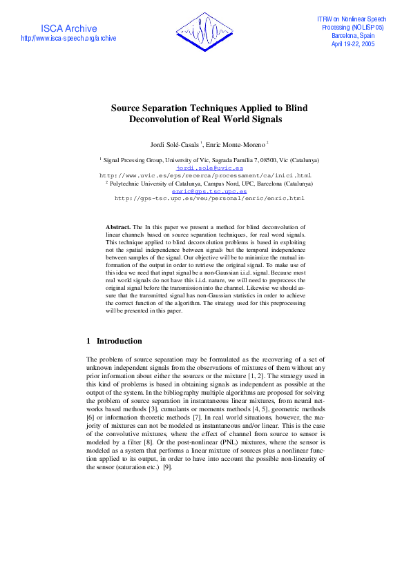 (PDF) Source Separation Techniques Applied to Blind Deconvolution of Real World Signals