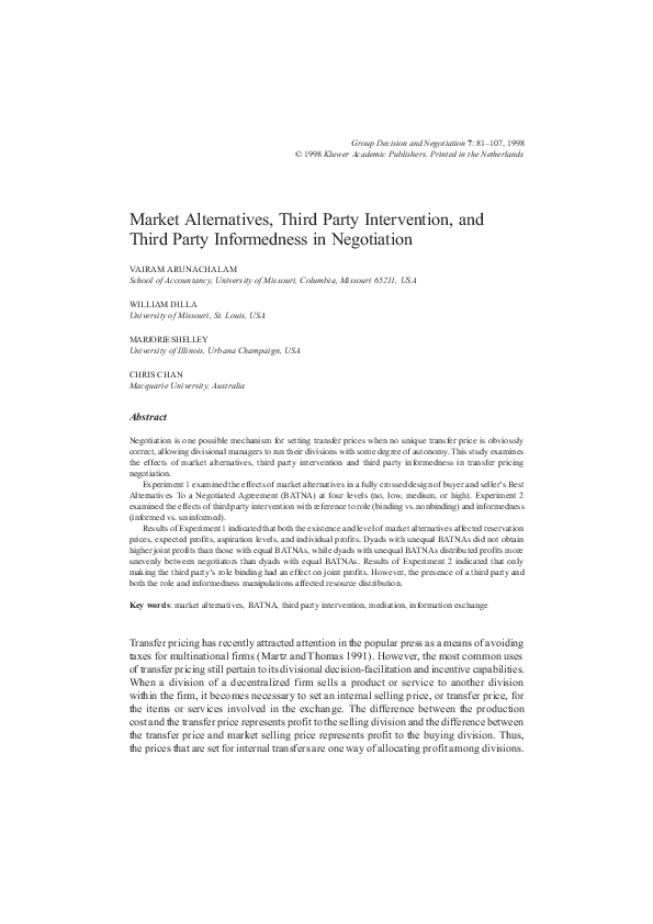 (PDF) Market Alternatives, Third Party Intervention, and Third Party Informedness in Negotiation