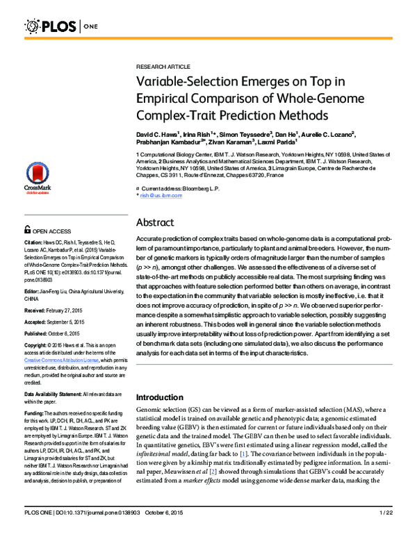 (PDF) Variable-Selection Emerges on Top in Empirical Comparison of Whole-Genome Complex-Trait ...