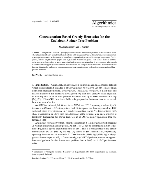 Pdf Concatenation Based Greedy Heuristics For The Euclidean Steiner Tree Problem