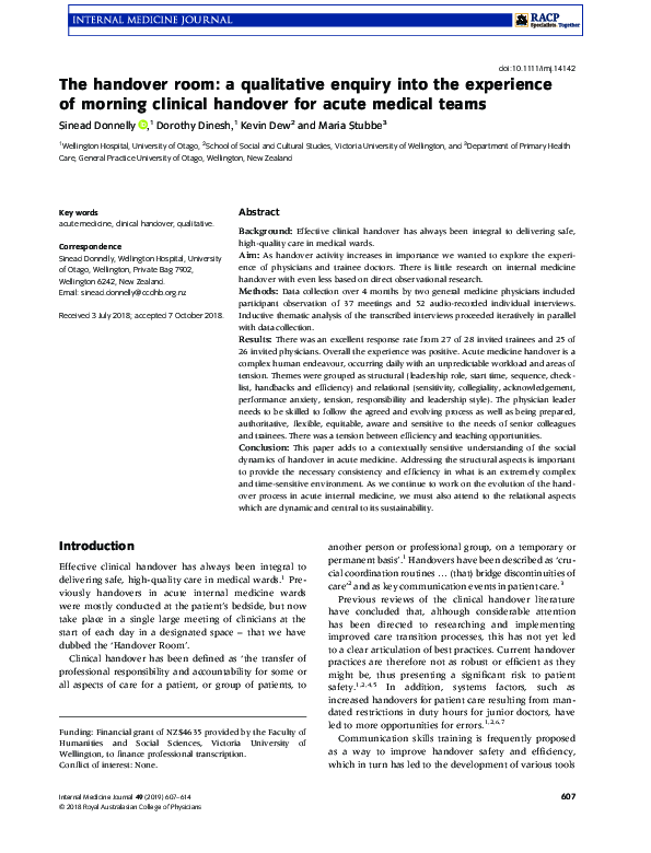 (PDF) The Handover Room: a qualitative enquiry into the experience of ...