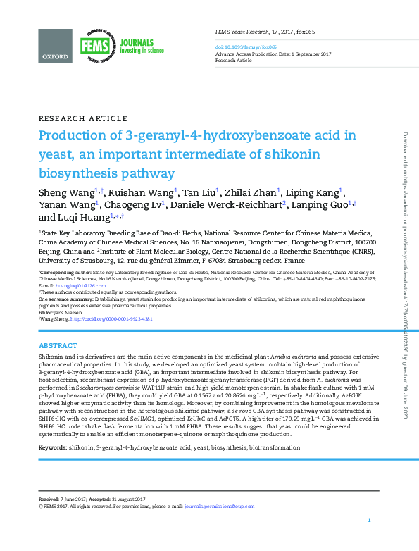 (PDF) Production of 3-geranyl-4-hydroxybenzoate acid in yeast, an ...