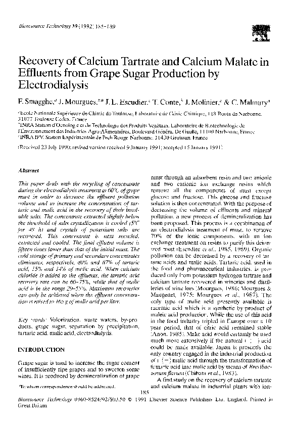 (PDF) Recovery of calcium tartrate and calcium malate in effluents from ...