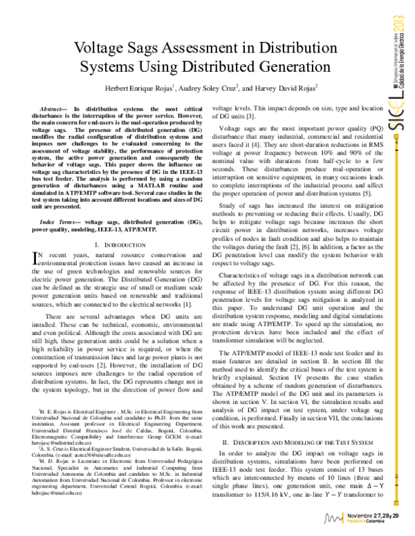 (PDF) Voltage Sags Assessment in Distribution Systems Using Distributed Generation