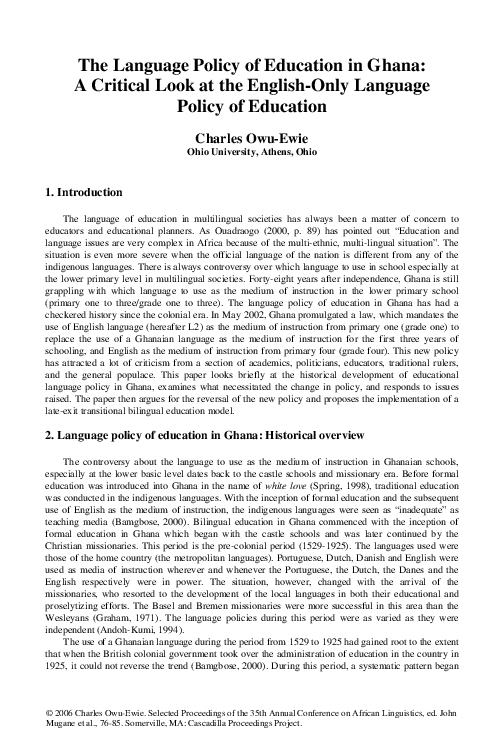 (PDF) The Language Policy of Education inGhana: A Critical Look at the ...
